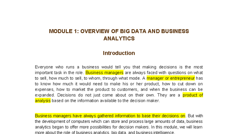 Module 1 pelec notes - MODULE 1: OVERVIEW OF BIG DATA AND BUSINESS ...