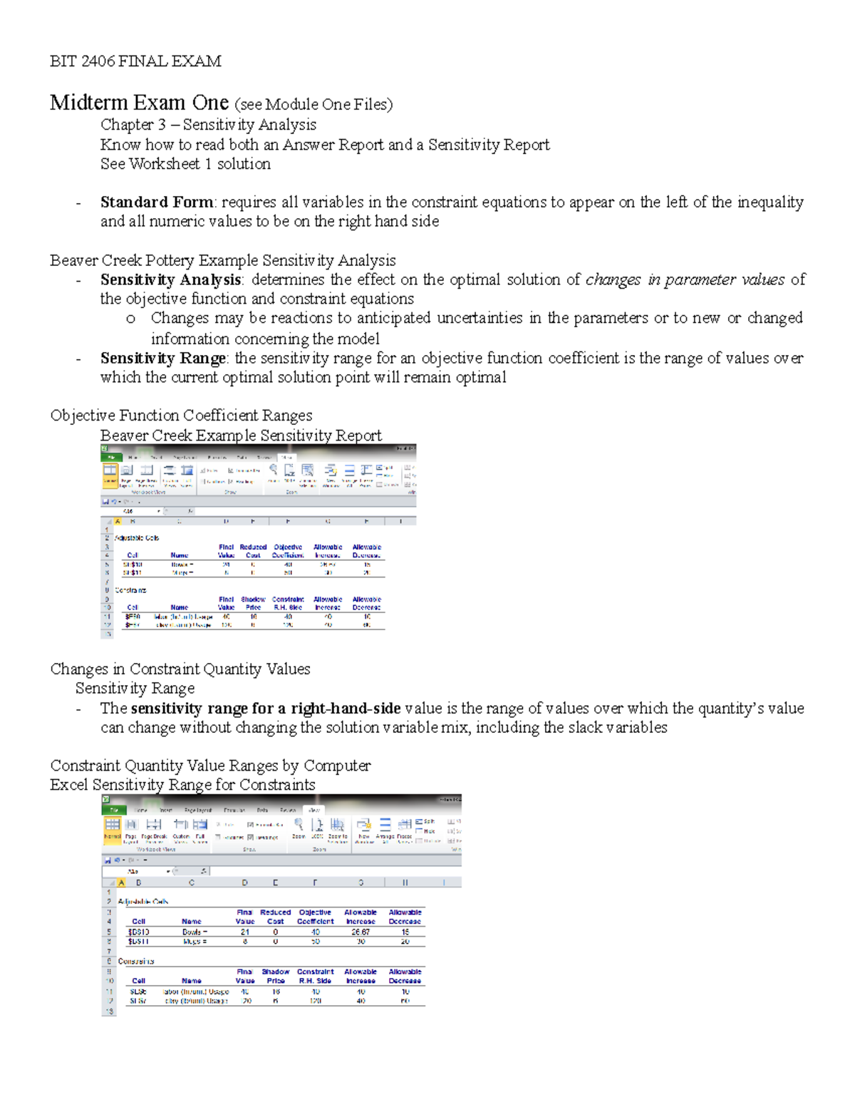 BIT 2406 Final Exam Study Guide: Sensitivity Analysis and Network Flow ...