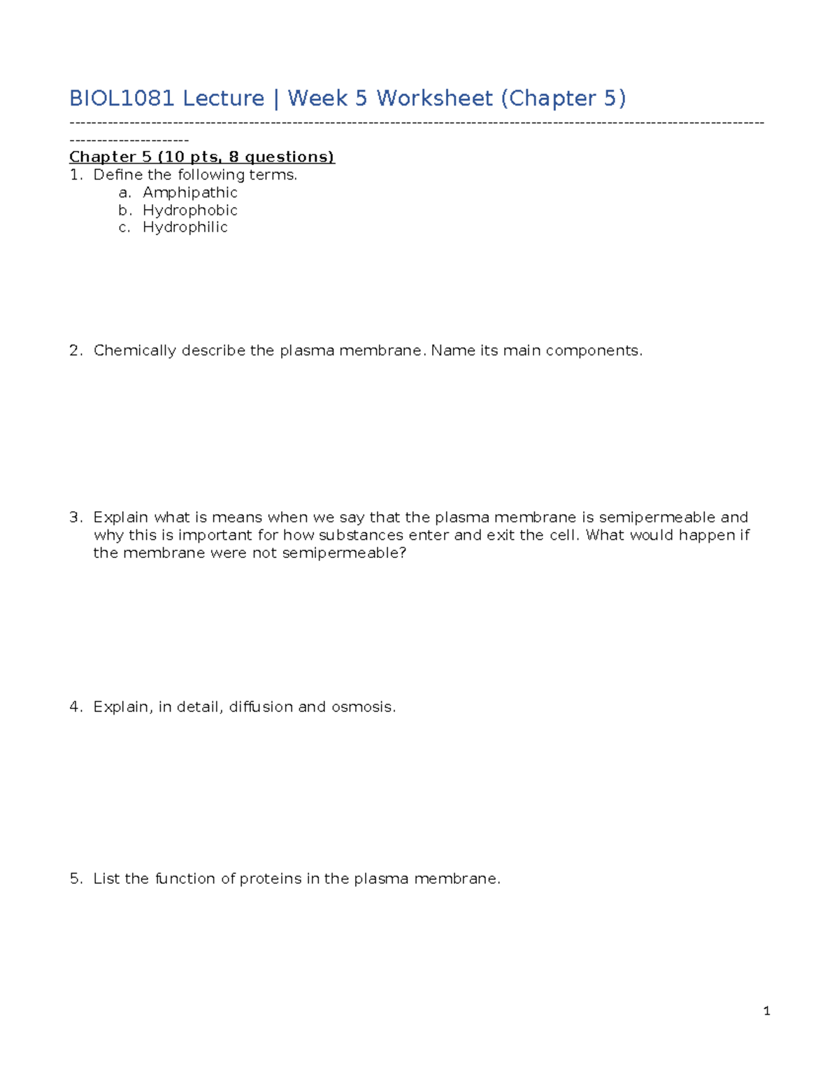 BIOL1081 Week 5 Lecture Worksheet: Plasma Membrane Insights - Studocu