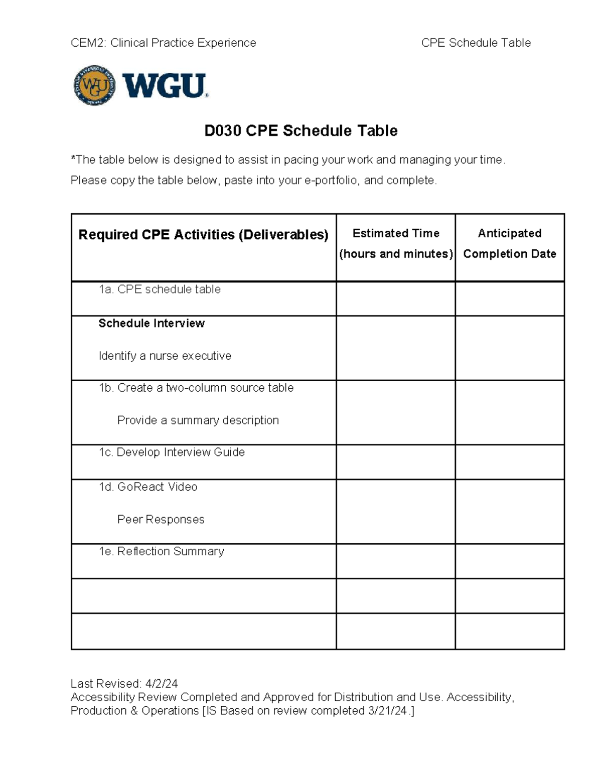 CEM2: CPE Schedule Table for Clinical Practice Experience D030 - Studocu