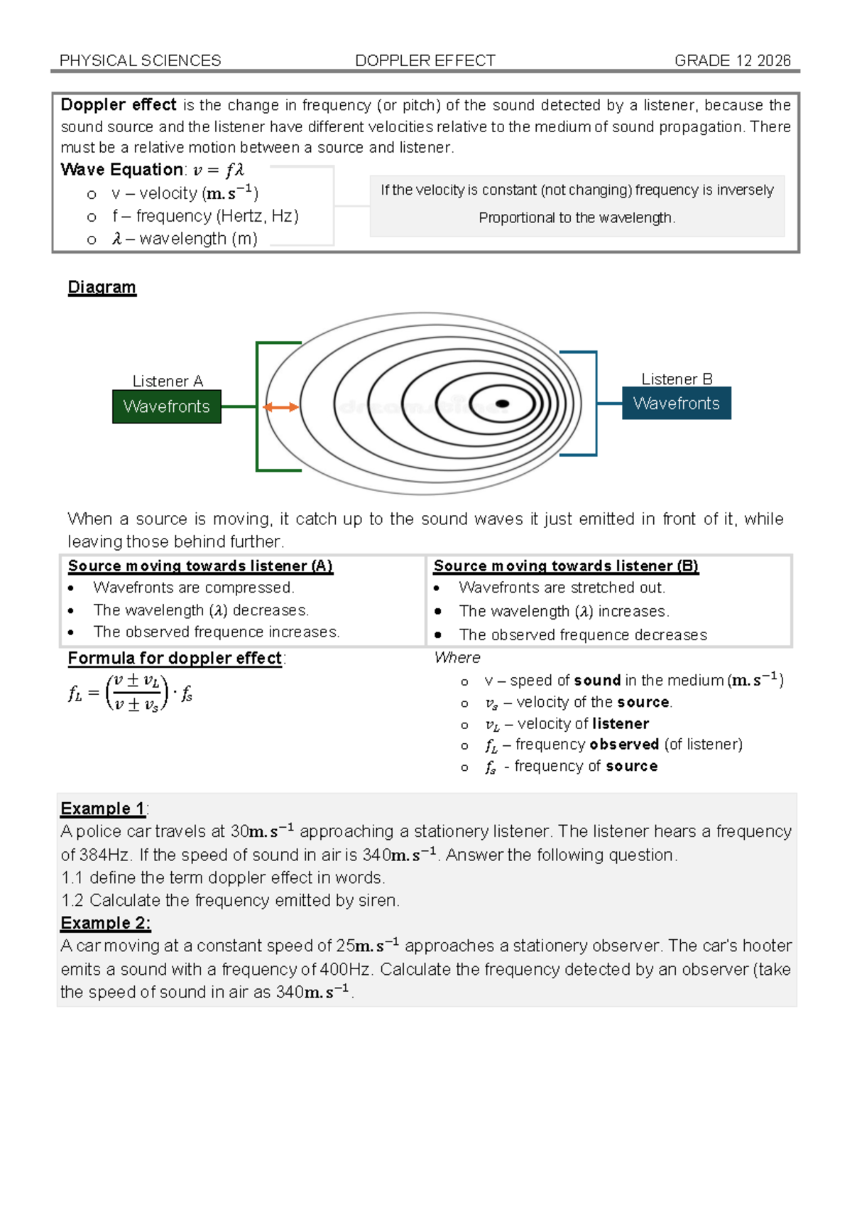 PHYSICAL SCIENCES GRADE 12: DOPPLER EFFECT NOTES 2026 - Studocu