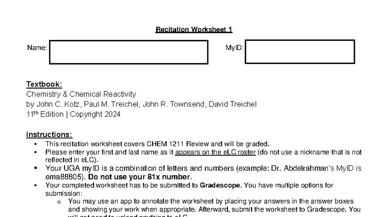 CHEM 1211 Recitation Worksheet 1: Graded Review Instructions - Studocu