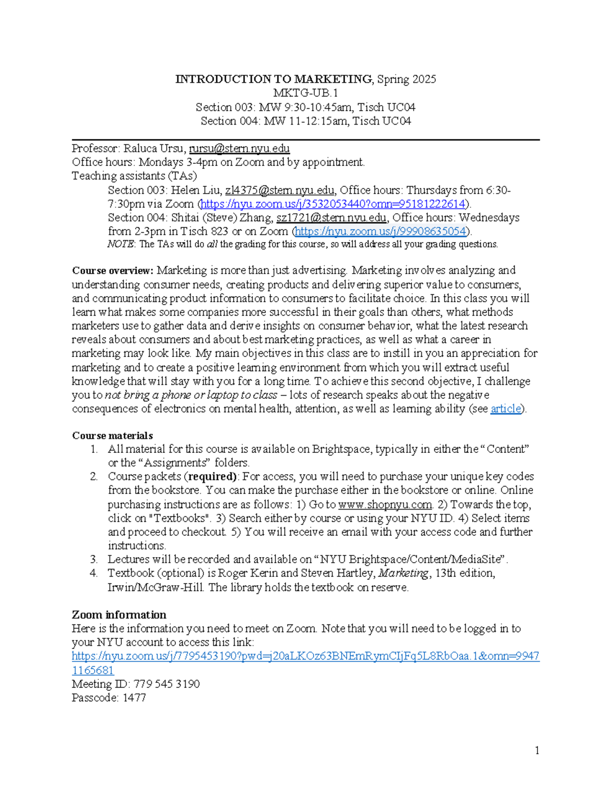 Syllabus for Introduction to Marketing (MKTG-101) - Spring 2025 - Studocu