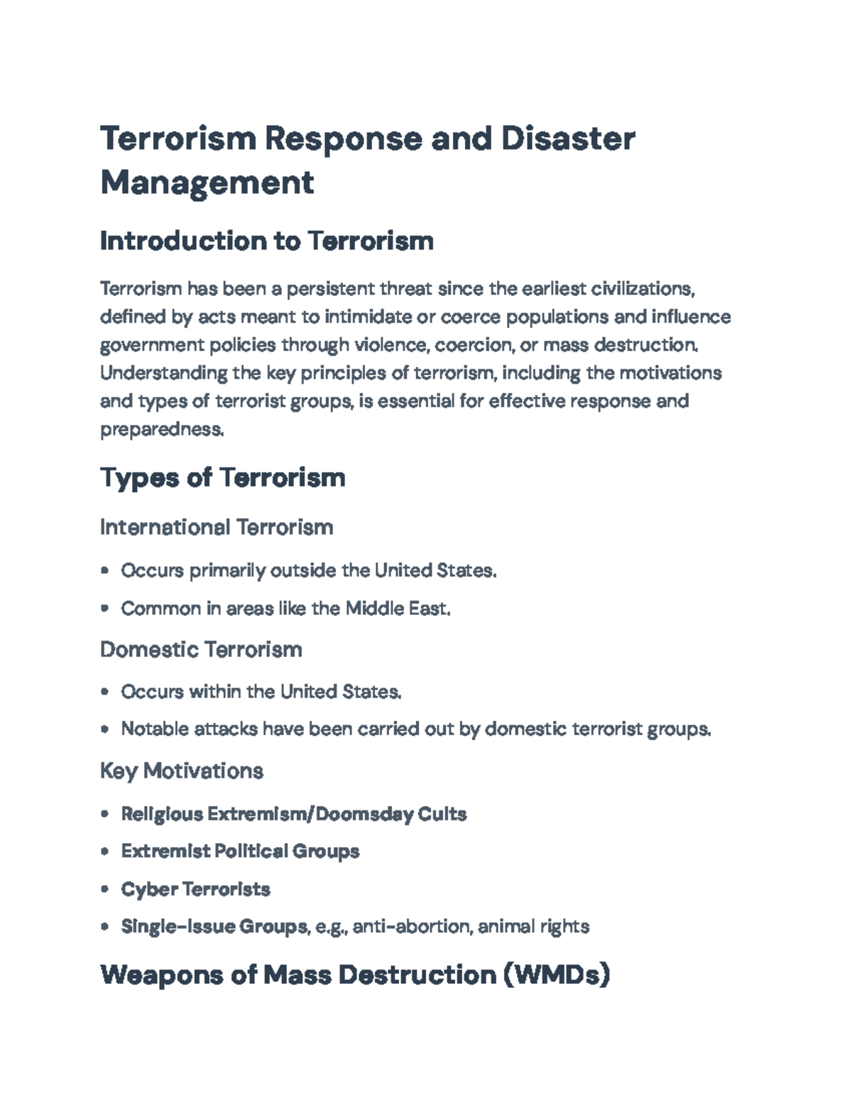 PSY313 Final Exam Study Guide: Terrorism Response & WMD Management ...