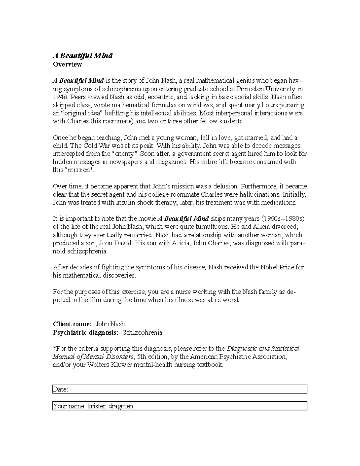 A Beautiful Mind (Case Study) Schizophrenia: John Nash's Journey - Studocu