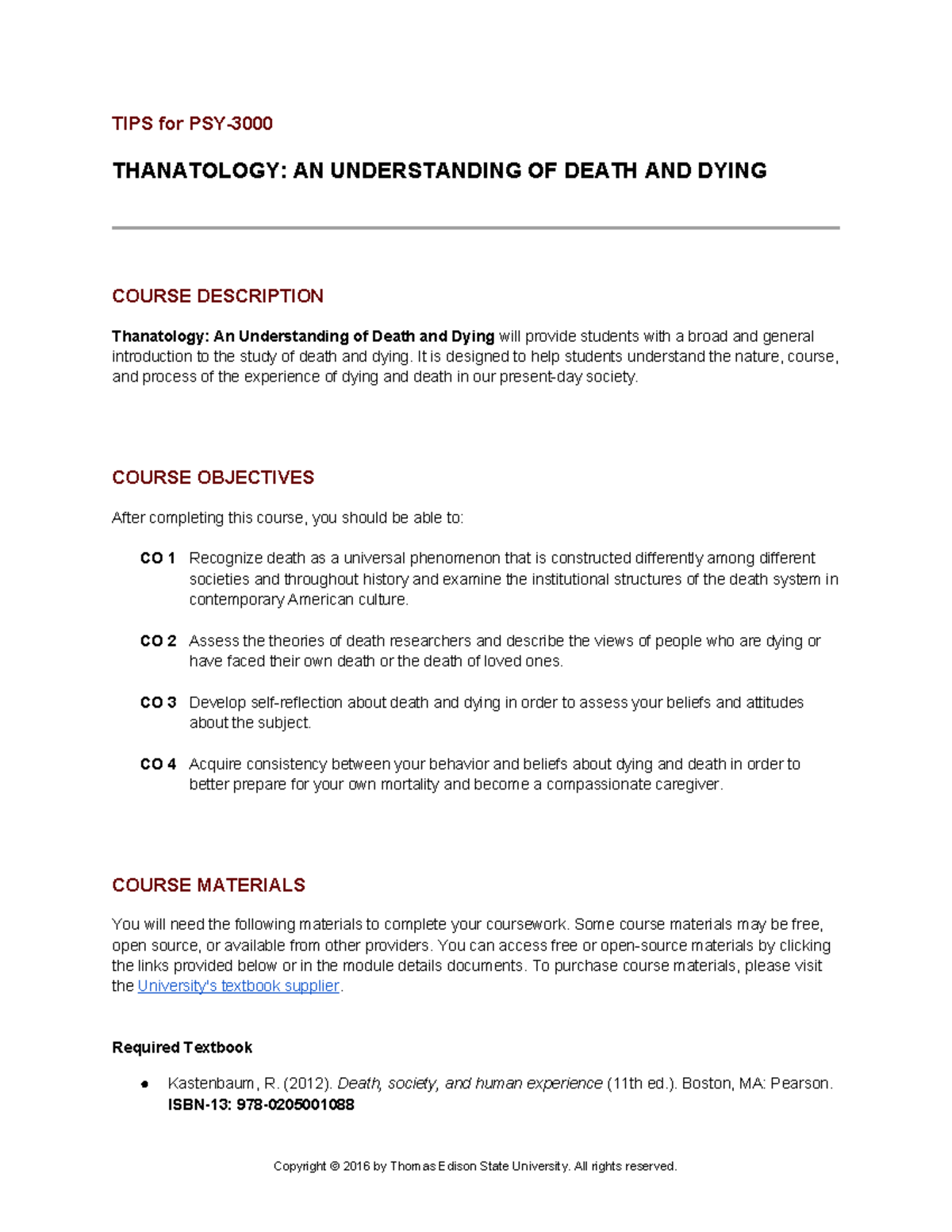 PSY 3000 Thanatology: Understanding Death and Dying Course Overview ...