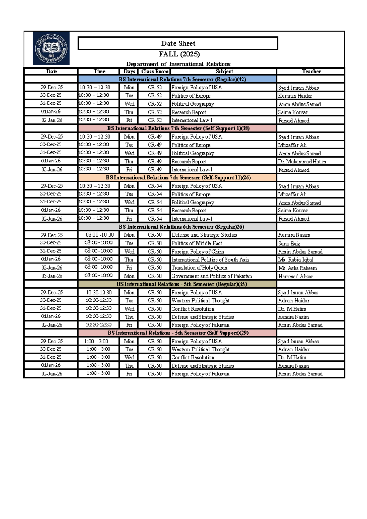 Date Sheet for BS International Relations Fall 2025 - Studocu