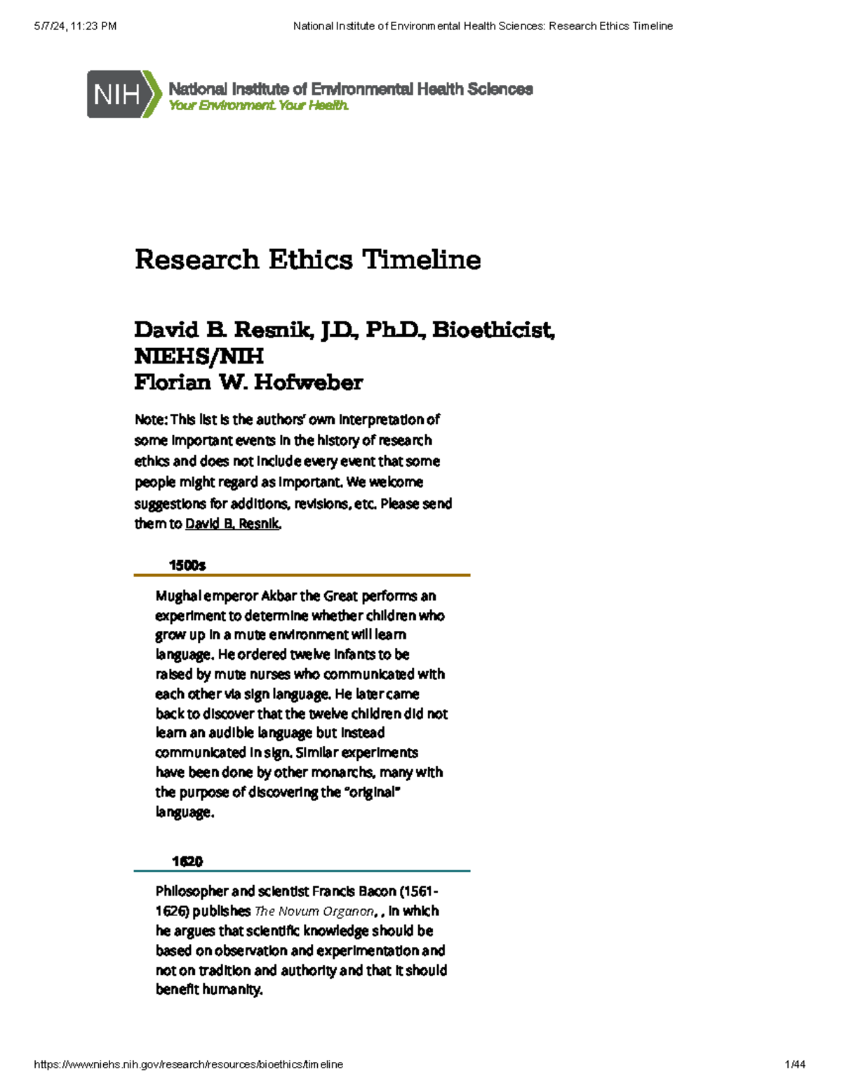 NIEHS Research Ethics Timeline: Key Historical Events and Figures - Studocu