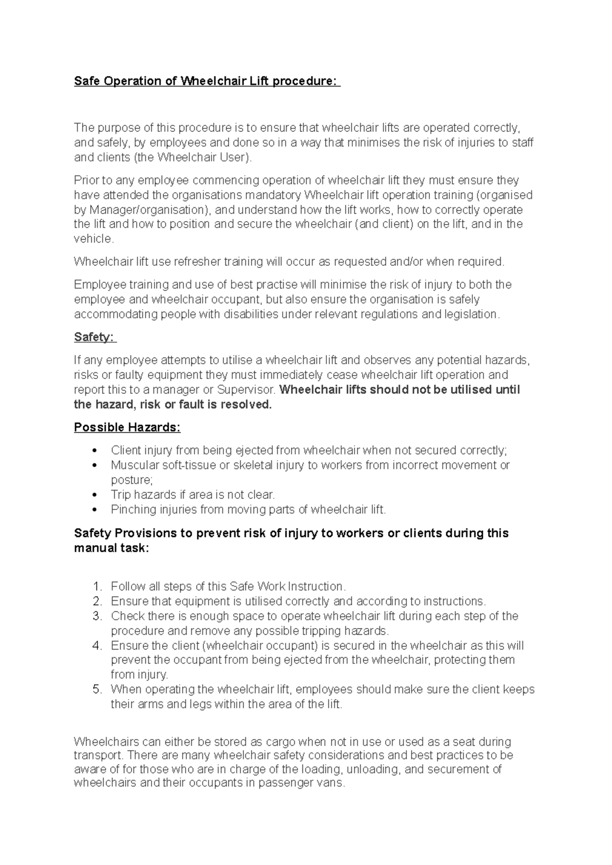 Wheelchair Lift Operation Safety Guidelines - Training Procedure - Studocu