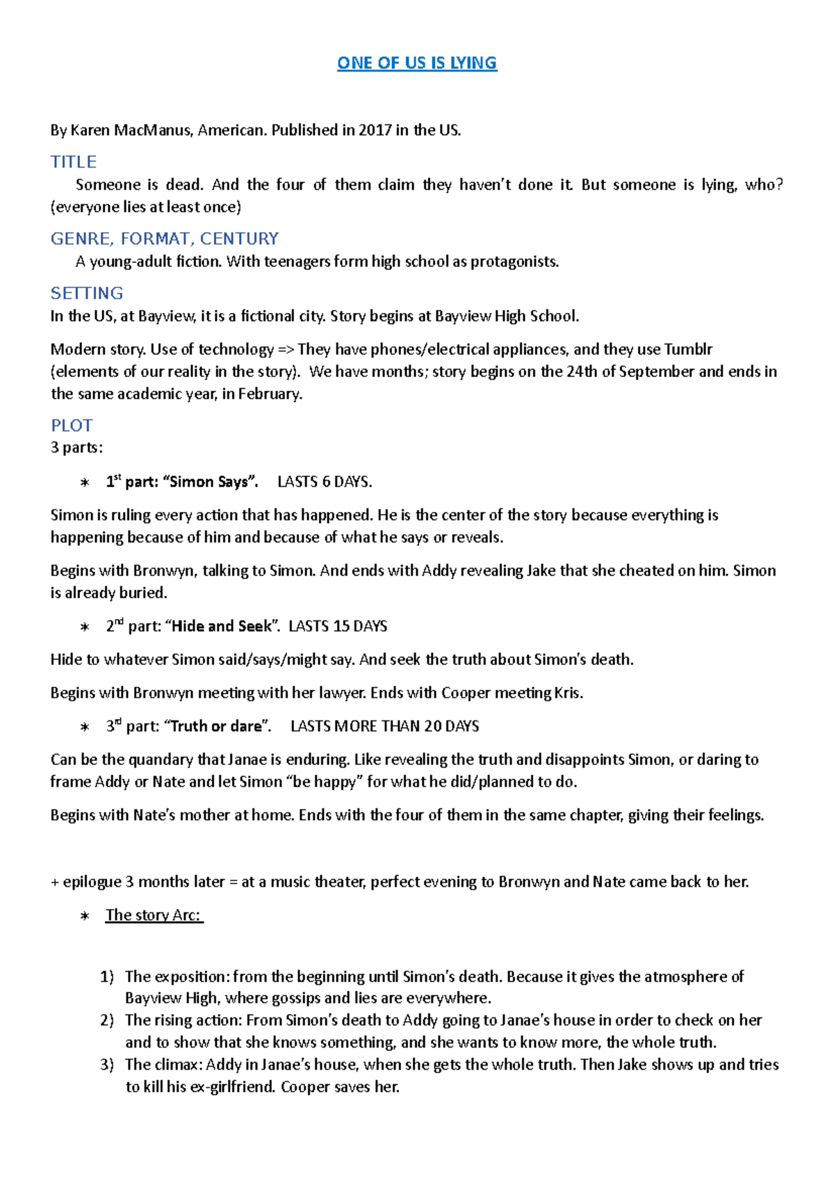 Analysis of "One of Us is Lying": Characters, Plot & Themes - Studocu