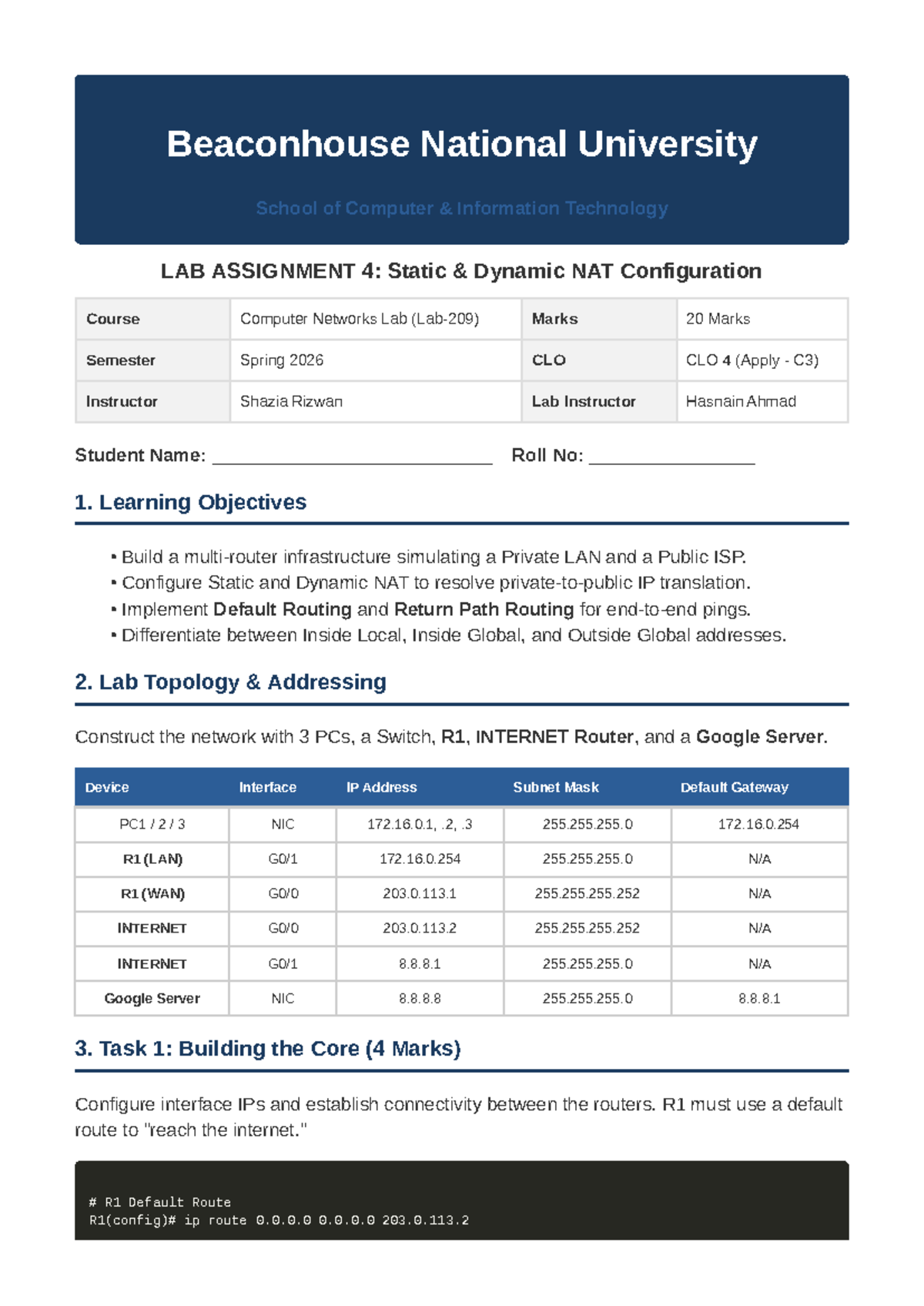 NAT Configuration Lab Assignment - CN 2026 - Spring Semester - Studocu