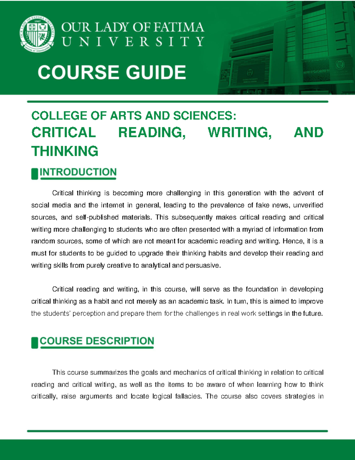 Course Guide - Critical Reading, Writing and Thinking - COLLEGE OF ARTS ...
