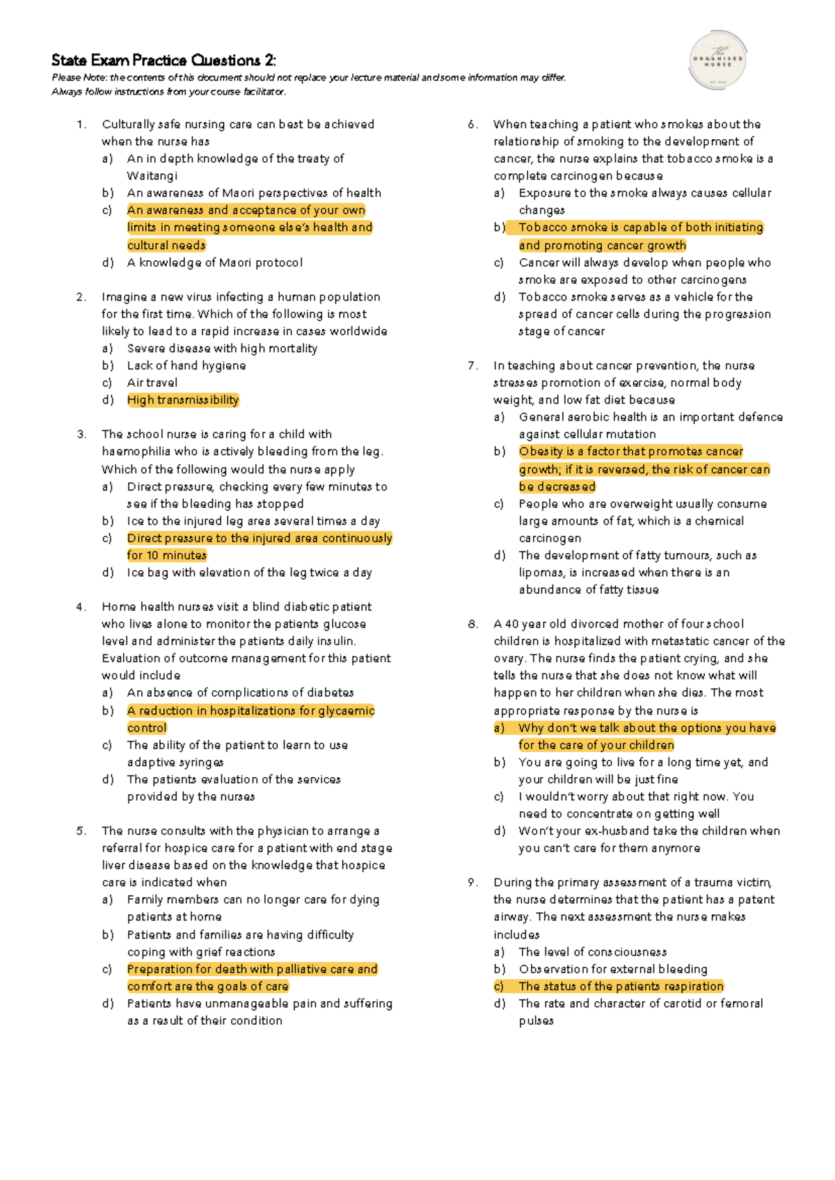State Exam Practice Questions 2: Nursing Concepts and Scenarios - Studocu