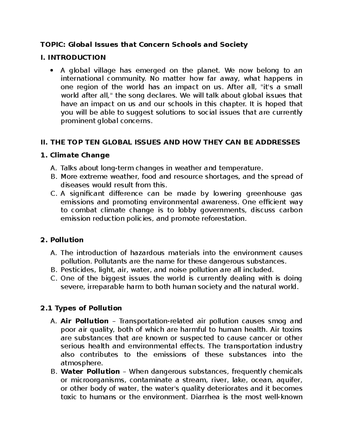 Global Issues that Concern Schools and Society - INTRODUCTION A global ...