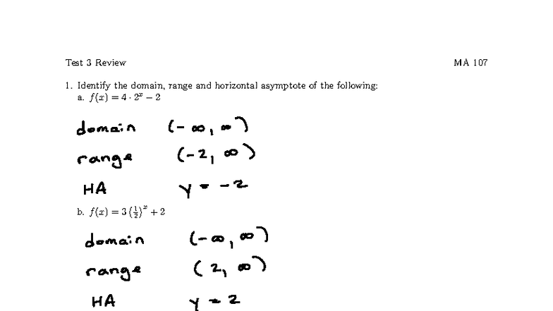 Test 3 Review MA 107: Asymptotes, Logs & Exponential Functions - Studocu