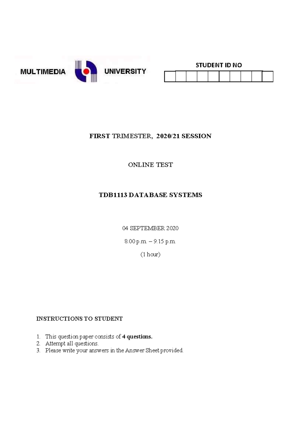TDB1131 Database System Midterm Test - Warning: TT: undefined function ...