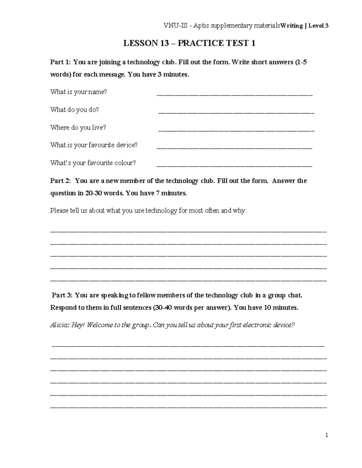 Week 7 - Lesson 13: Aptis Level 3 Writing Practice Test - Studocu