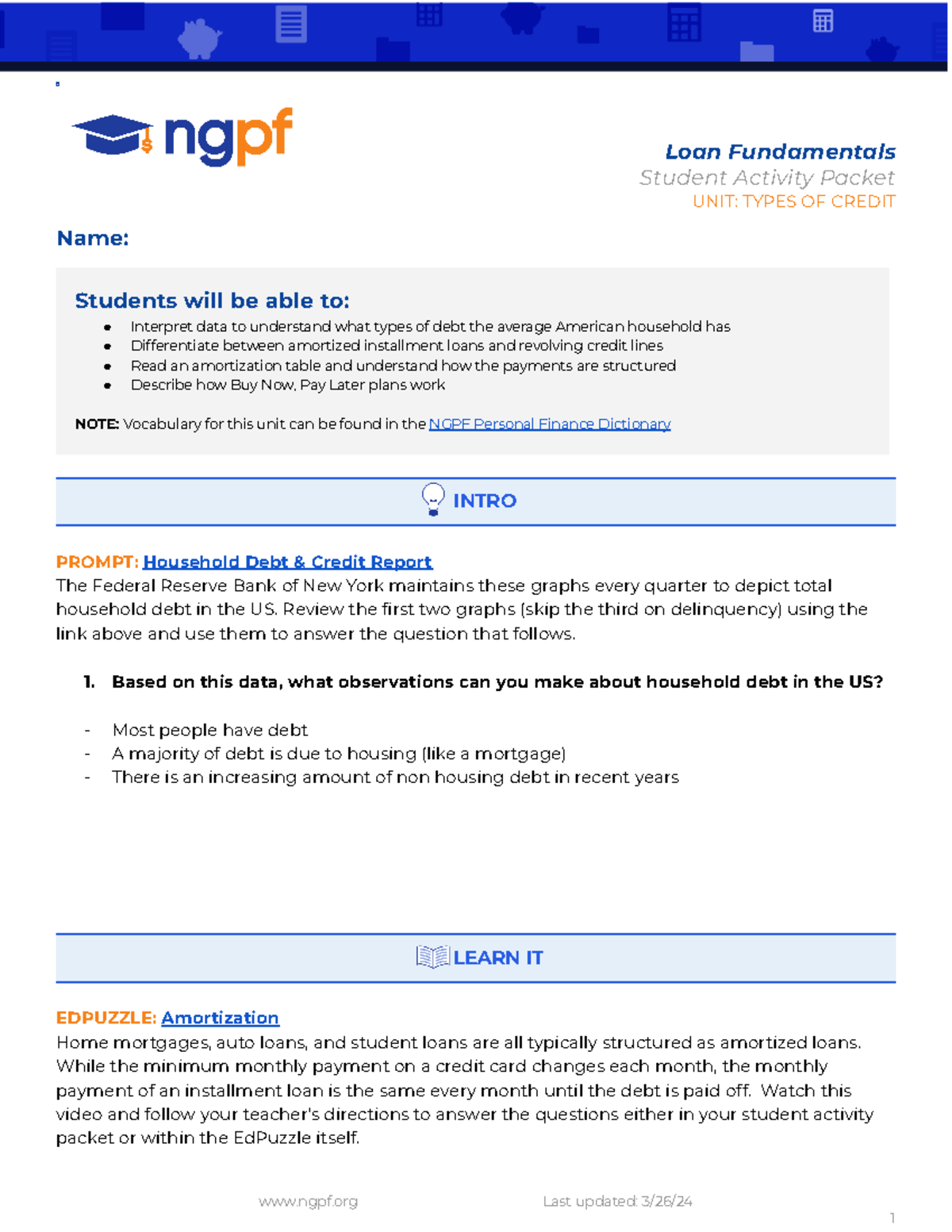 Loan Fundamentals Unit: Types of Credit Activity Packet - Studocu