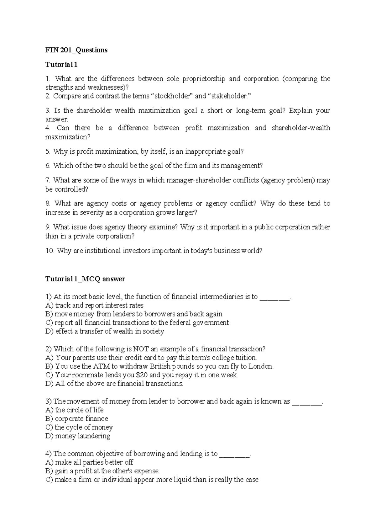 FIN 201_Tutorial Questions and Answers for Midterm Exam Preparation ...