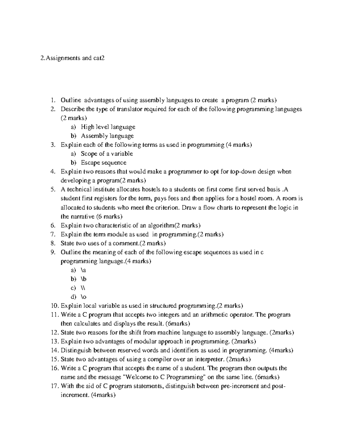 Structured Programming Assignment: CAT 2023 - C Programming Concepts ...