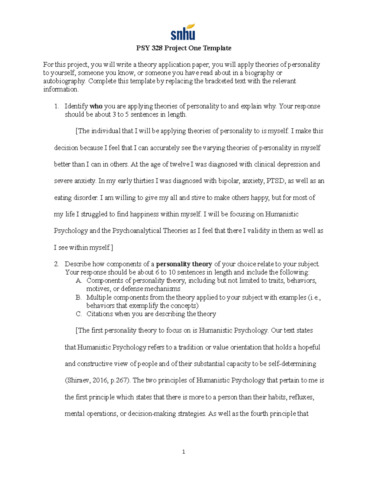 PSY 328: Project One - Theory Application Paper on Personality - Studocu