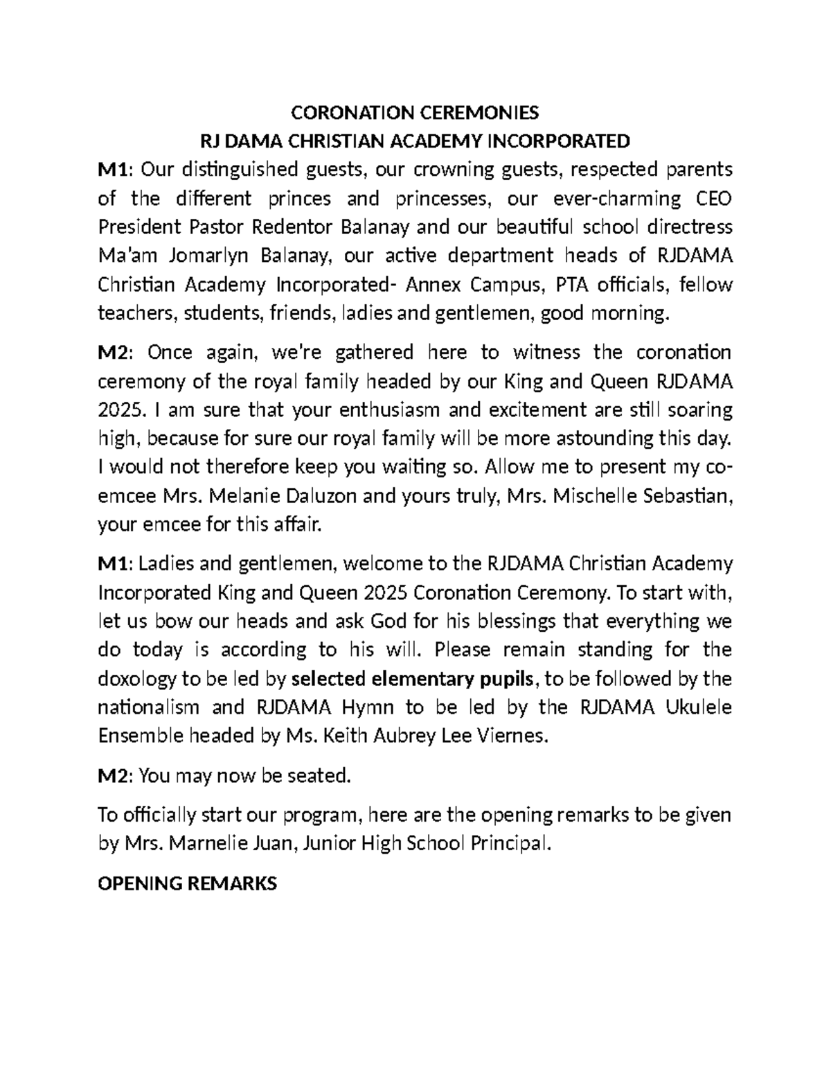 Coronation Ceremony Script for RJDAMA 2025 - Studocu