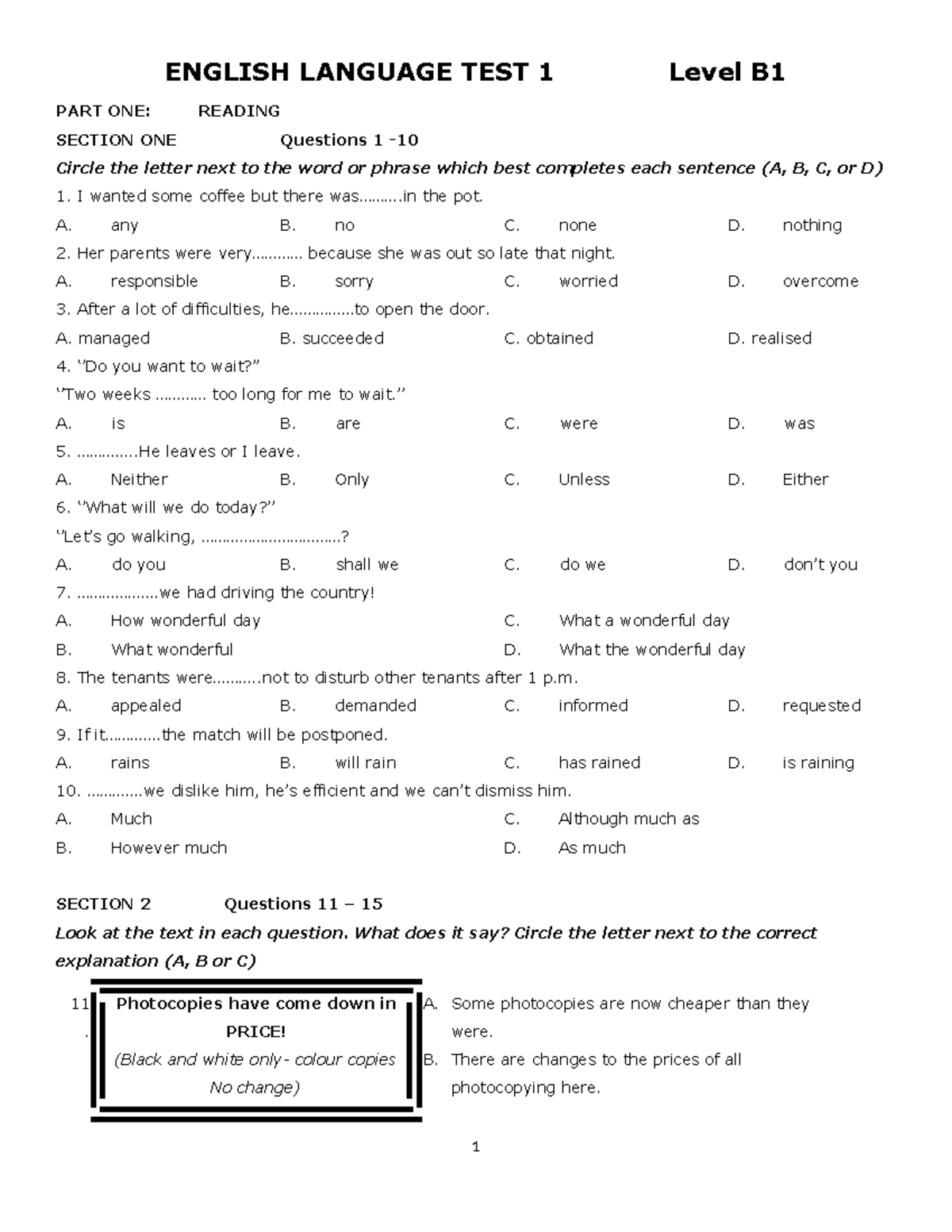 English Language Test 1 (Level B) - Practice Questions & Answers - Studocu