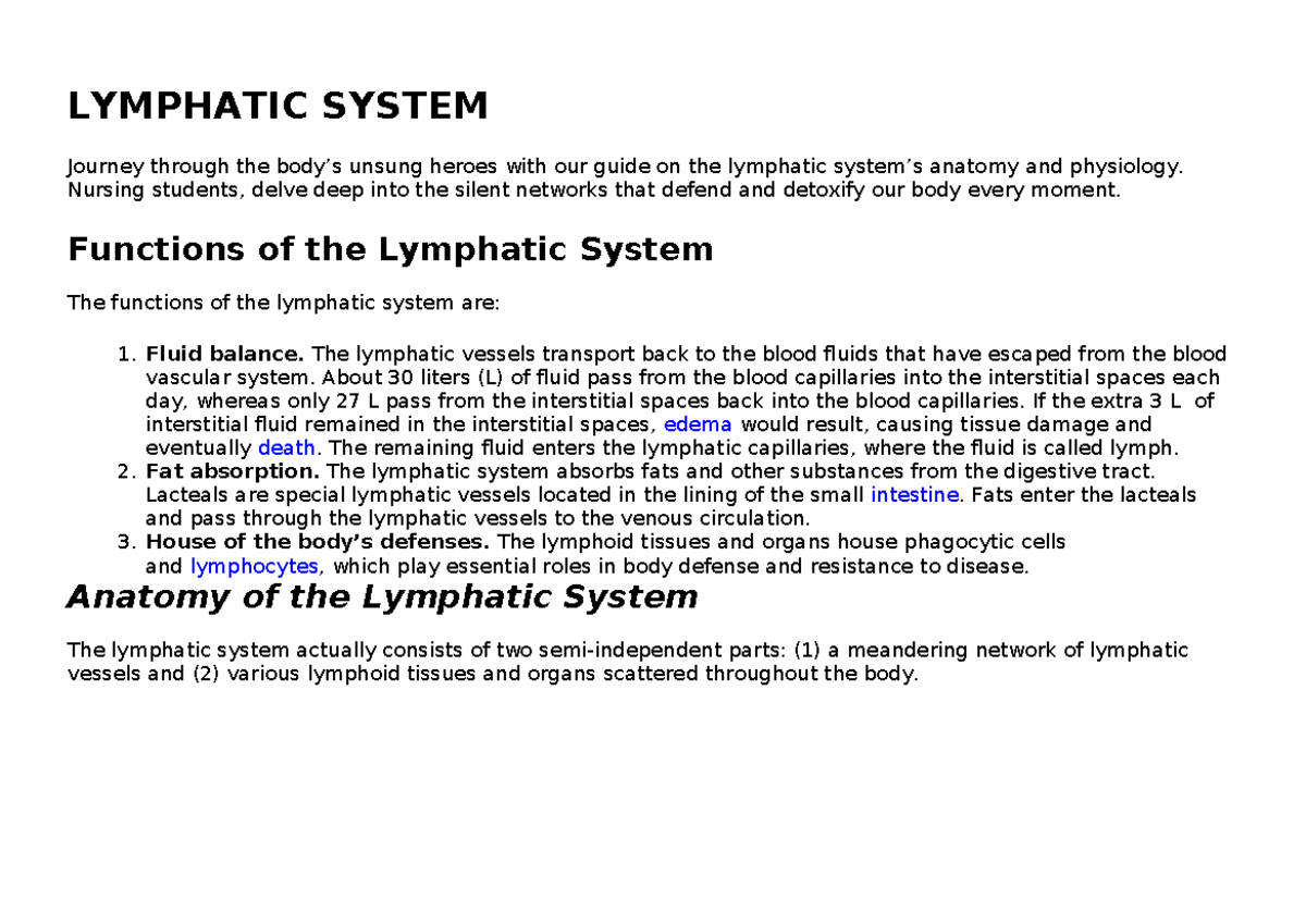 NUR 101: Lymphatic System Overview - Anatomy & Physiology Insights ...