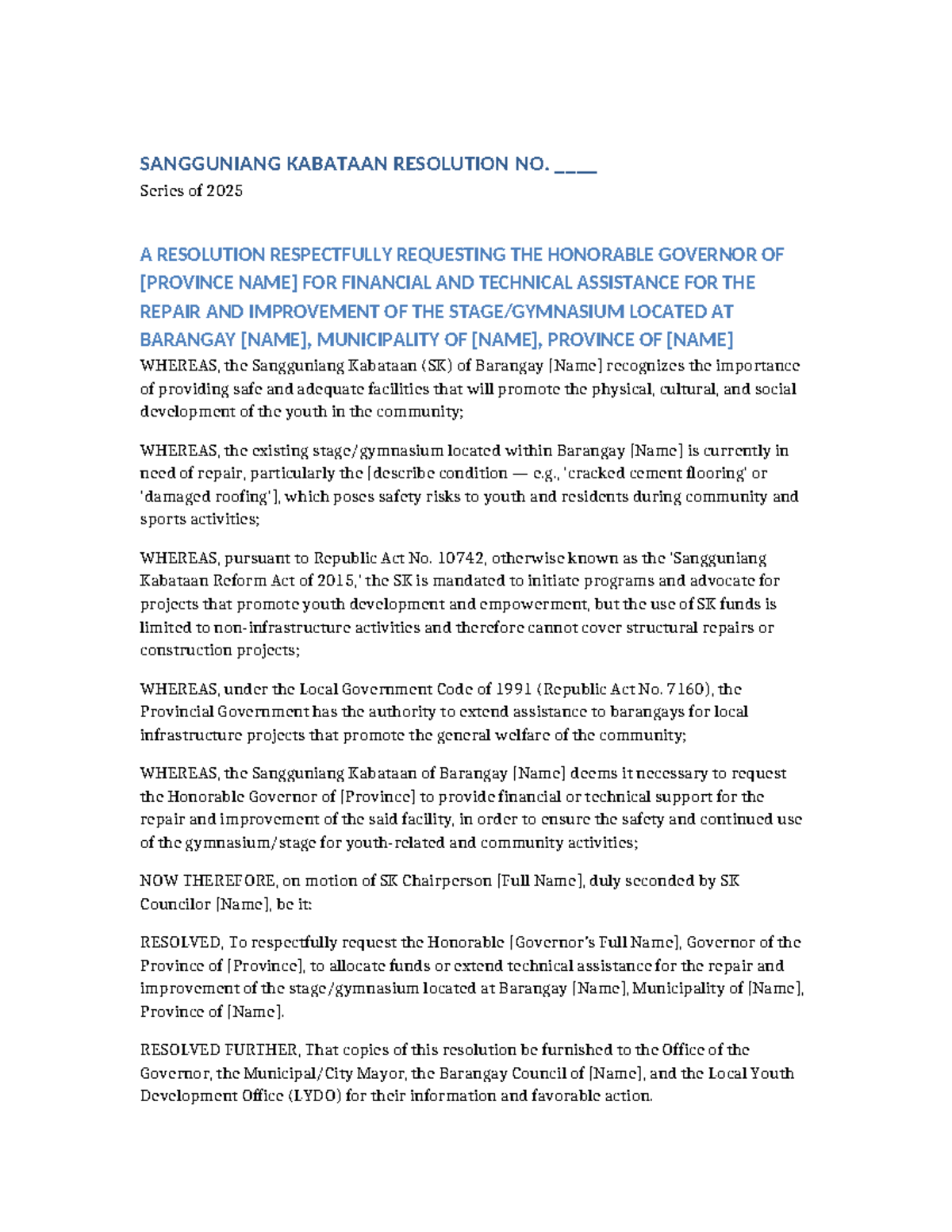 SK Resolution No. 2025: Request for Gym Repair Assistance - Studocu