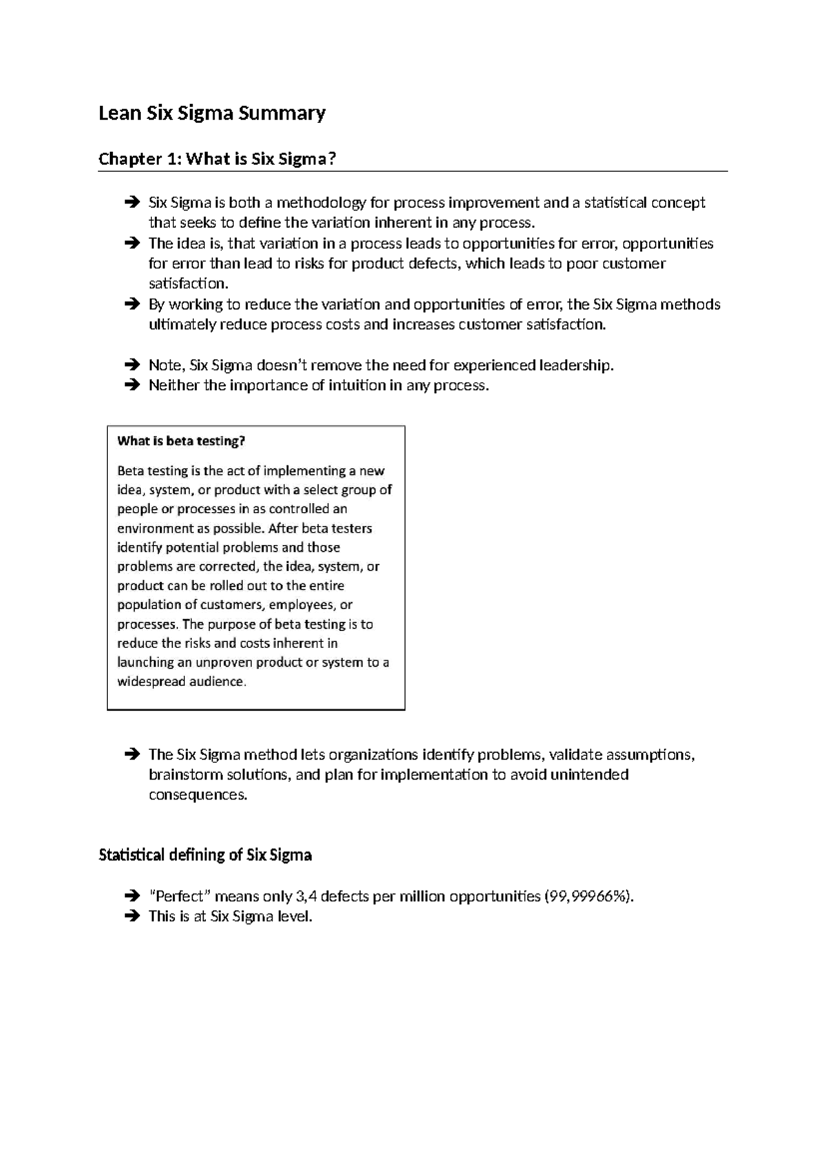 Lean Six Sigma Summary: Chapter 1 - Understanding Six Sigma - Studeersnel