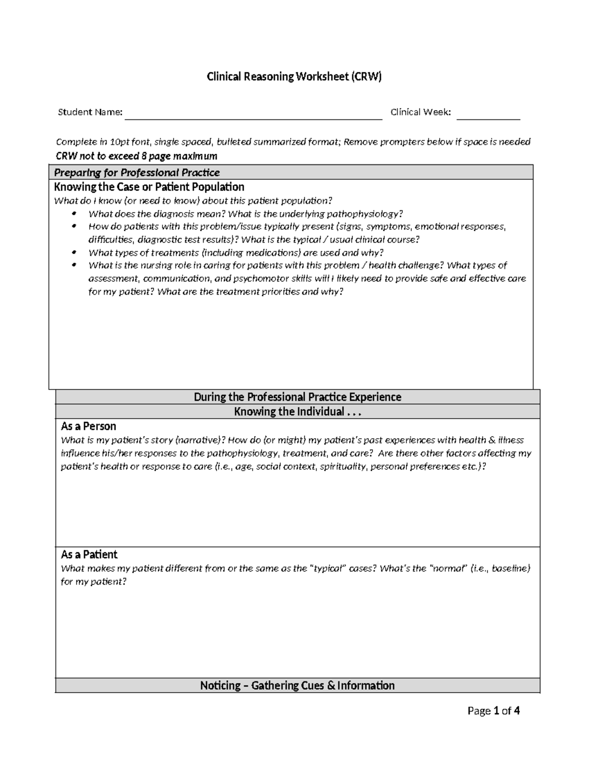 Clinical Reasoning Worksheet (CRW) Template for Professional Practice ...
