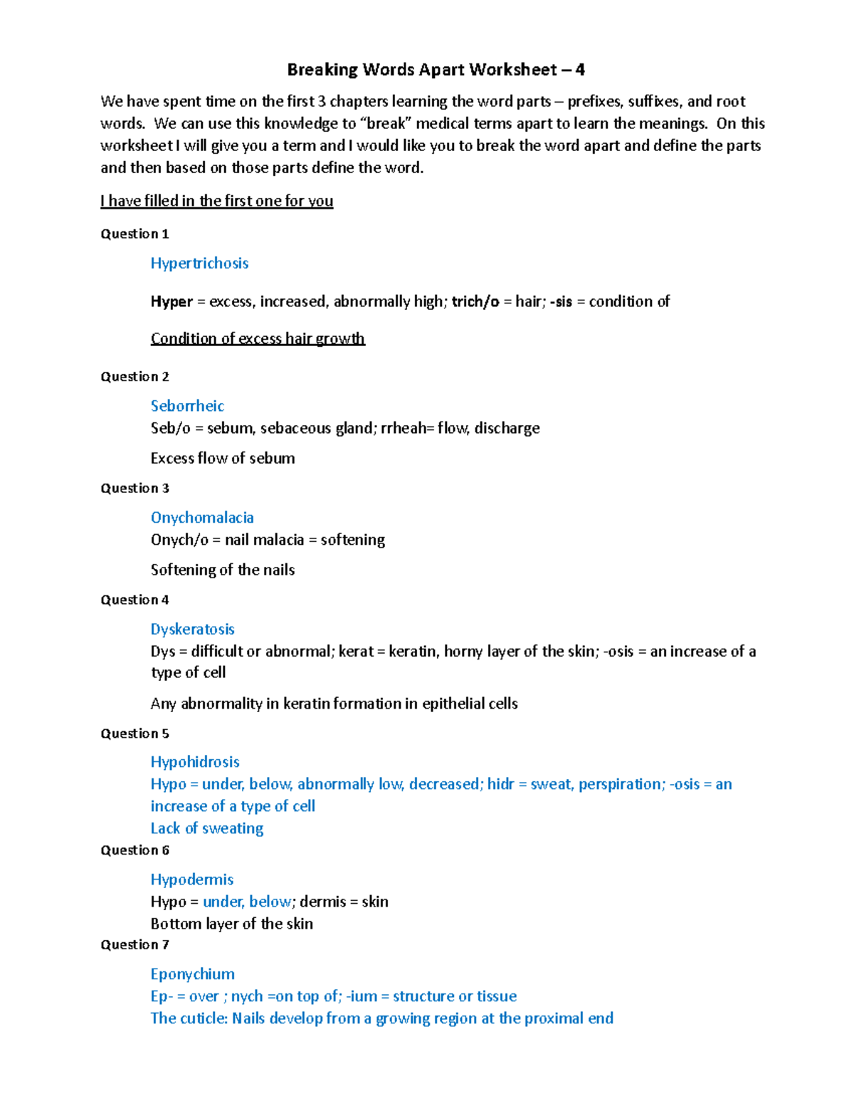 Chapter 4 - BWA Worksheet: Breaking Down Medical Terms - Studocu