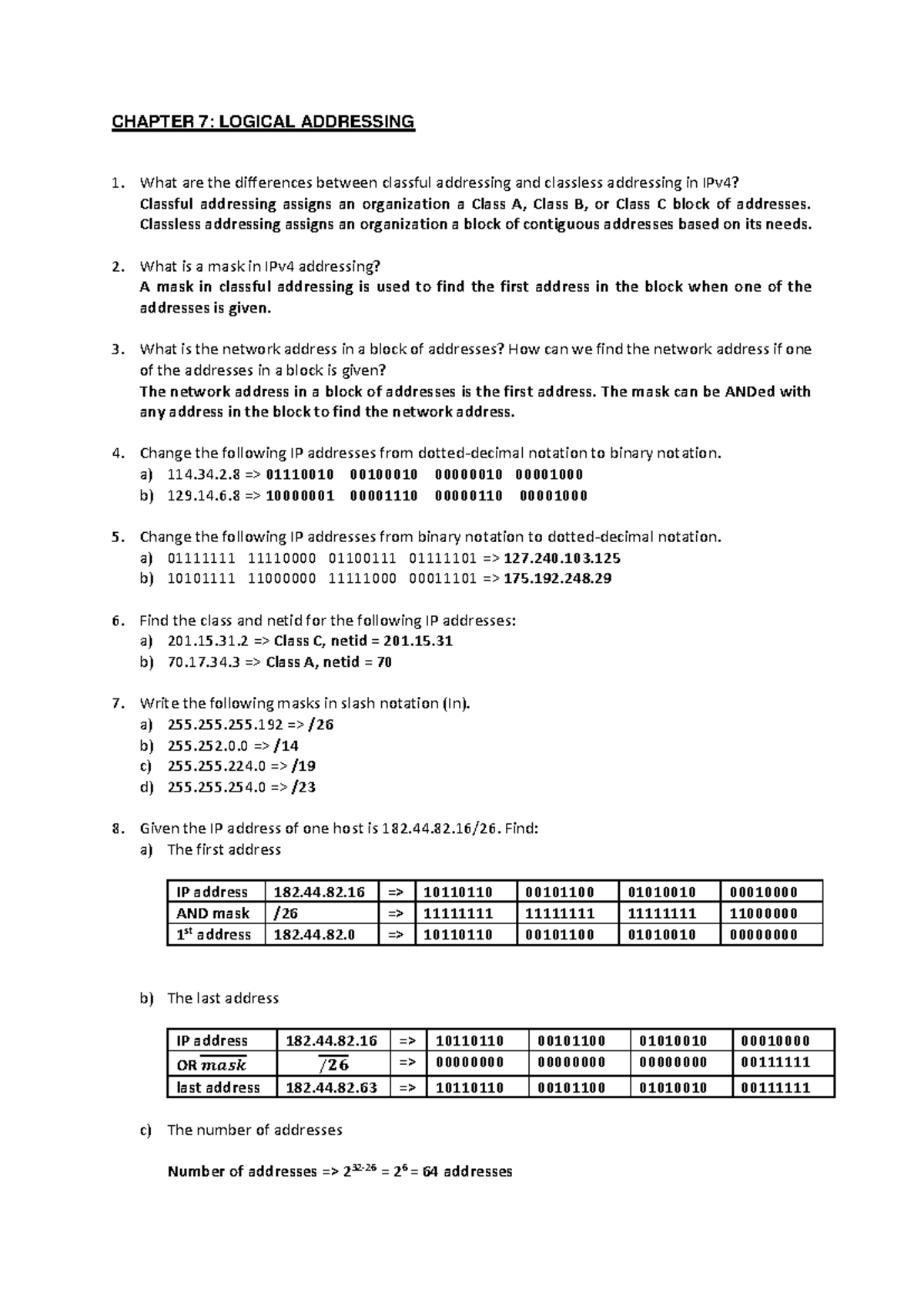 Chapter 7: Logical Addressing in IPv4 - Key Concepts & Examples - Studocu