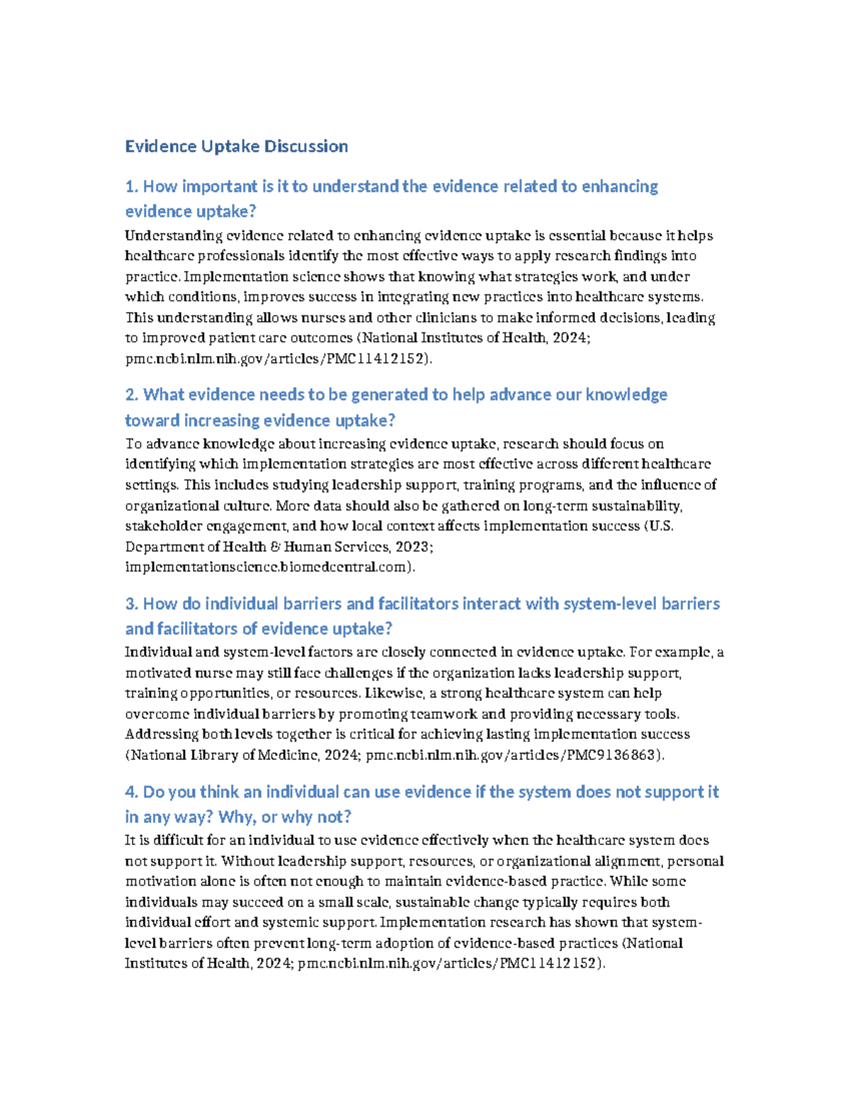 Evidence Uptake Discussion: Enhancing Implementation in Healthcare - Studocu
