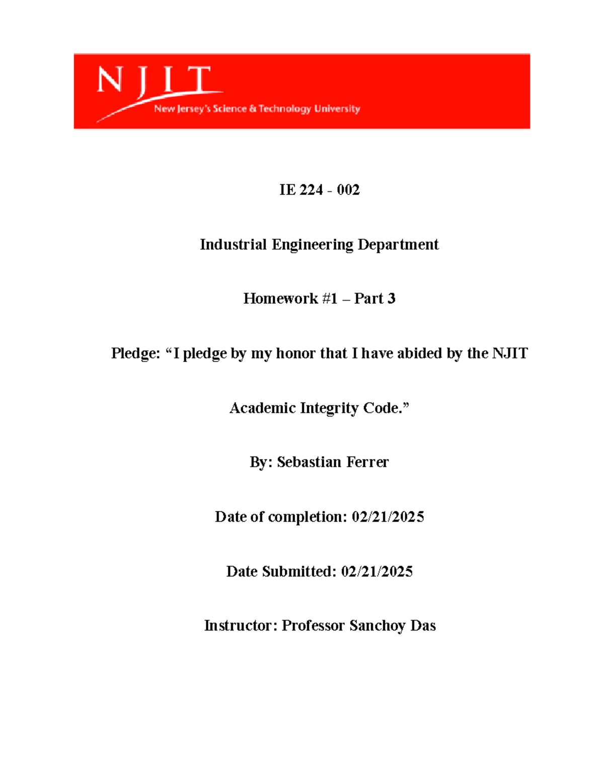 Homework #1 – Part 3 - Hoemwrok - IE 224 - 002 Industrial Engineering ...