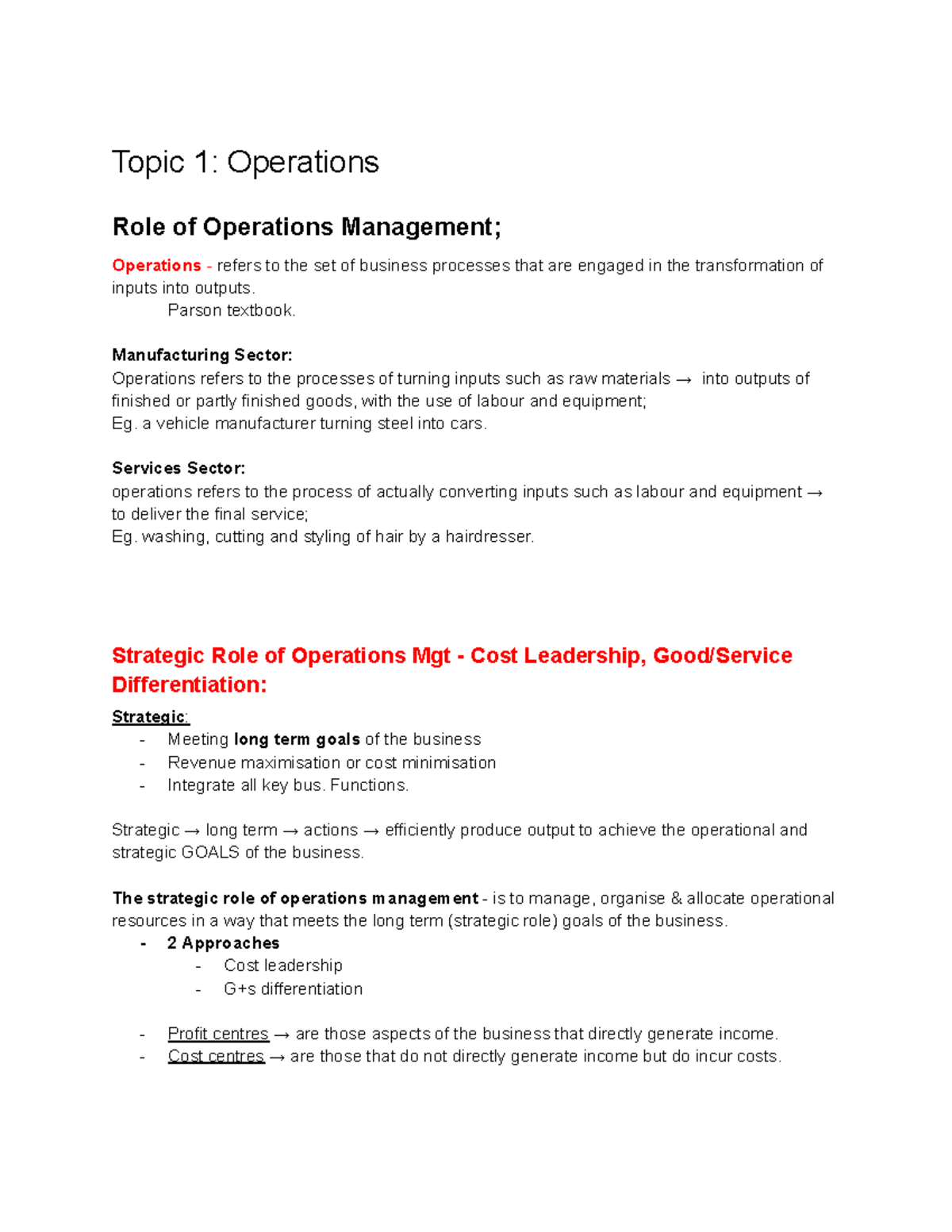 HSC Bus. Studies - hsc topic 1 +2 - Topic 1: Operations Role of ...