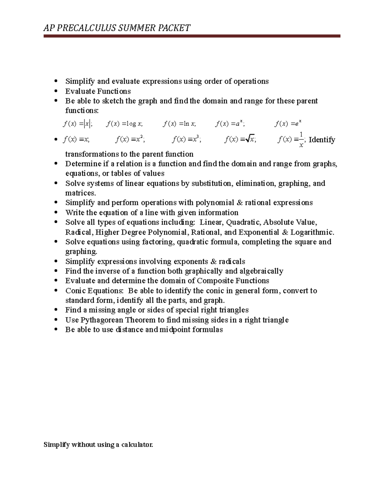 AP Precalculus Summer Packet Review and Exercises - Studocu