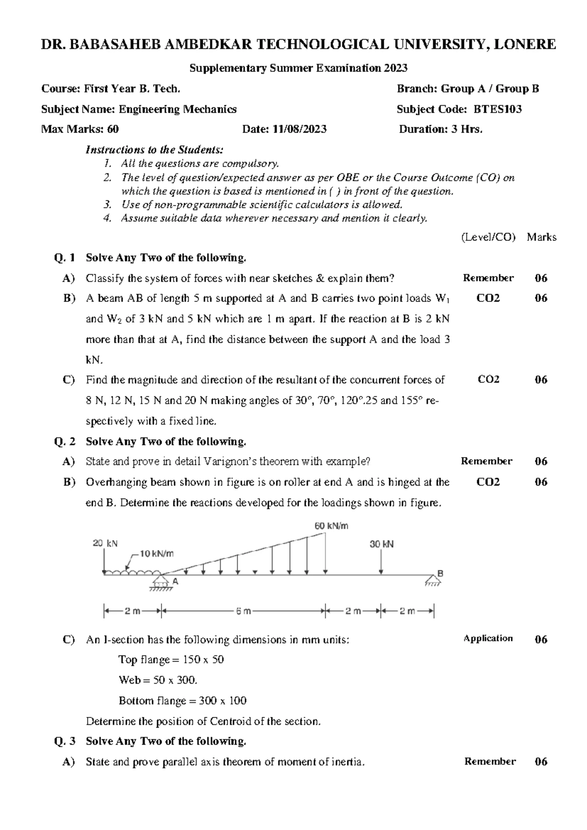 Engineering Mechanics BTES103 - Winter Exam 2022 Supl Notes - Studocu