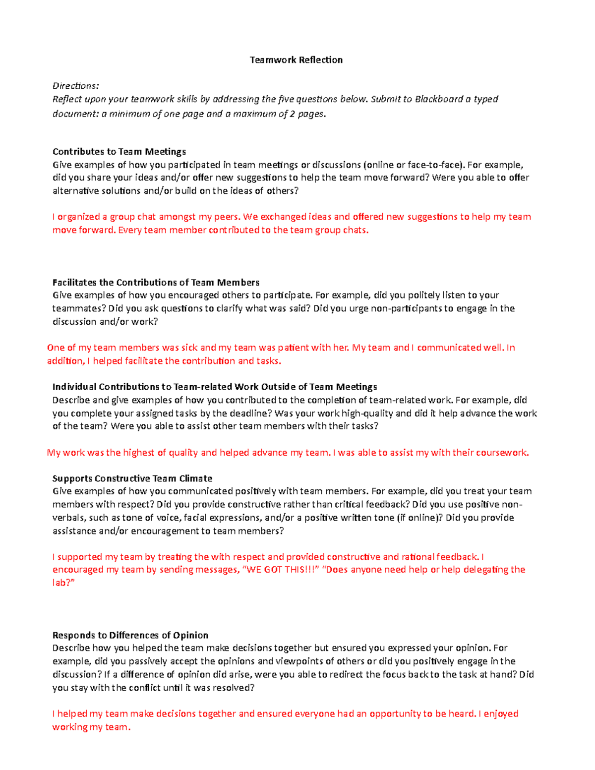 Teamwork Reflection - Self-Assessment for General Education (Signature ...