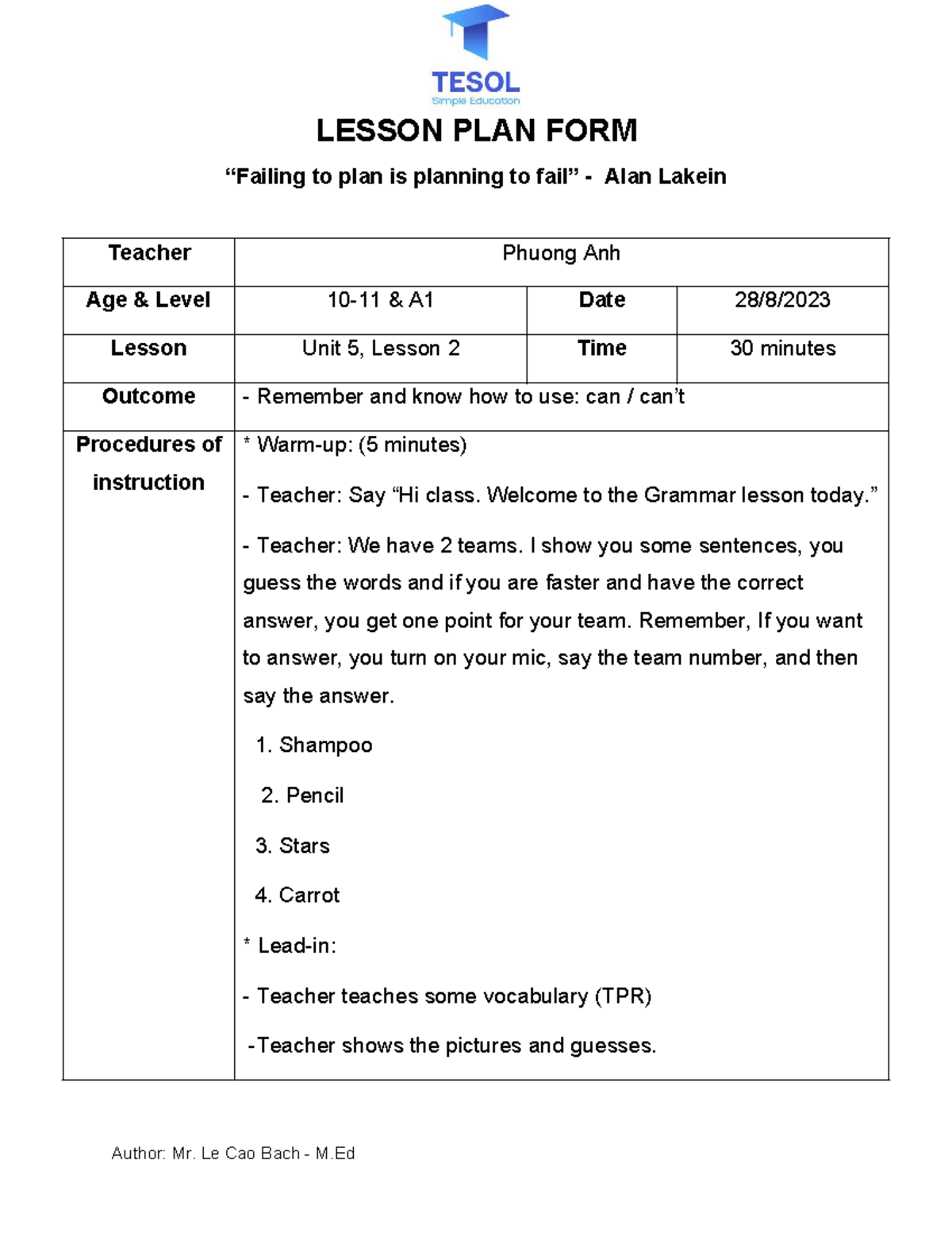 Lesson Plan A1: Grammar Unit 5, Lesson 2 by Phuong Anh - Studocu