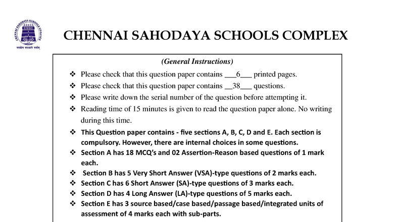 CHENNAI SAHODAYA SCHOOLS COMPLEX MATHEMATICS 041 Question Paper Set 1 ...