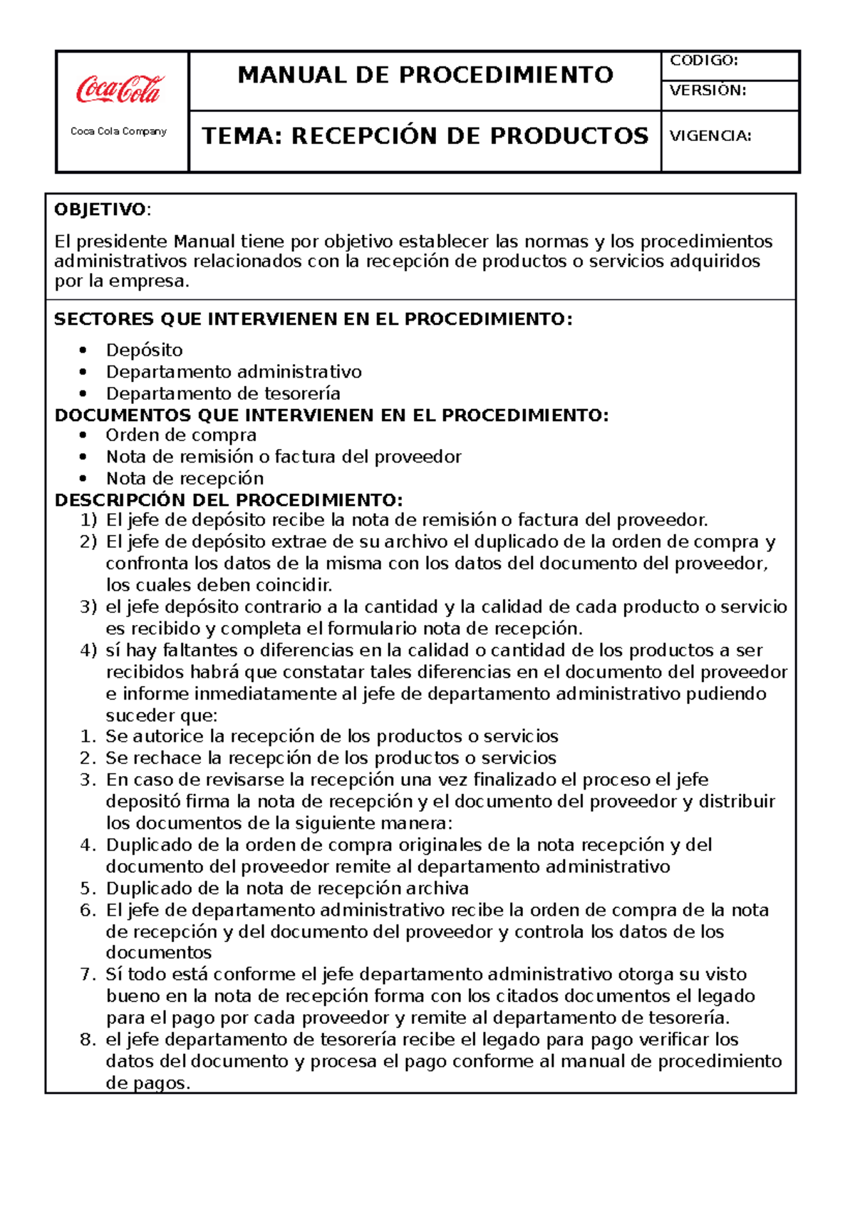 Manuales - Coca Cola Company MANUAL DE PROCEDIMIENTO VERSIÓN: TEMA ...