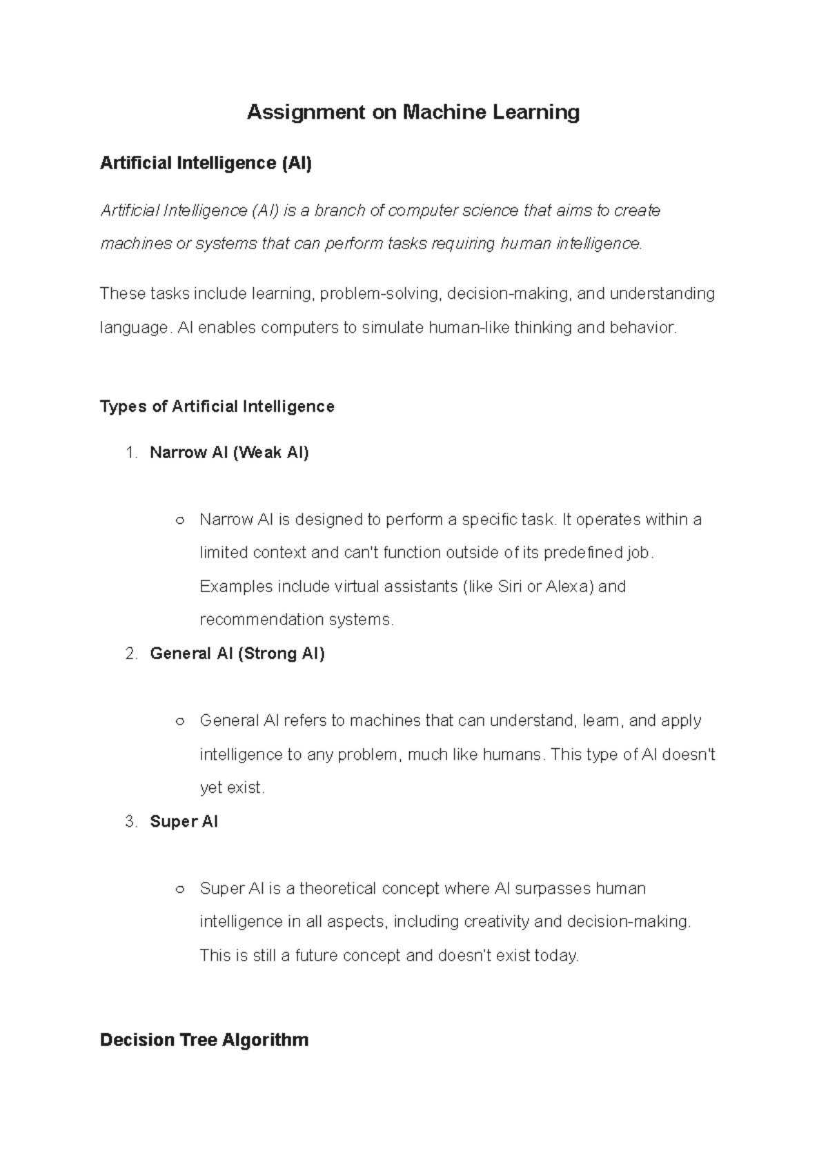 Assignment on Machine Learning Algorithms and Concepts - Studocu
