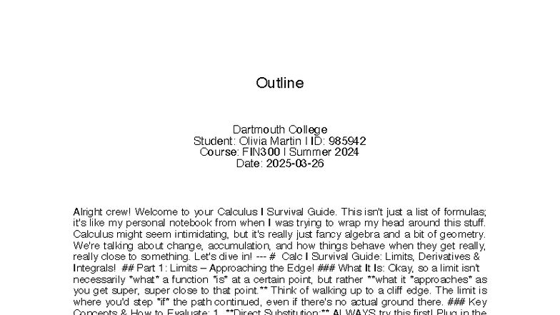 FIN300 Summer 2024: Calculus I Survival Guide & Key Concepts - Studocu