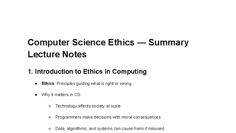 CS Ethics C - Essay Notes on Major Ethical Theories and Impacts - Studocu