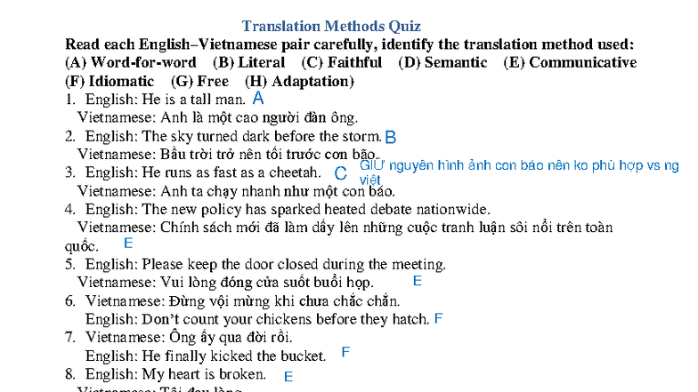 Translation Methods Quiz (ENG-VN) - Studocu