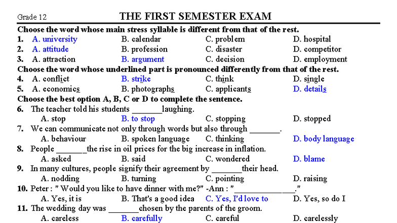 Grade 12 THE FIRST SEMESTER EXAM: Vocabulary & Comprehension Practice ...