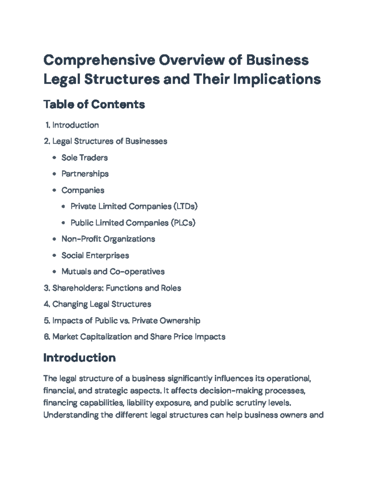 Comprehensive Overview of Legal Structures in Business (BUS 101 ...