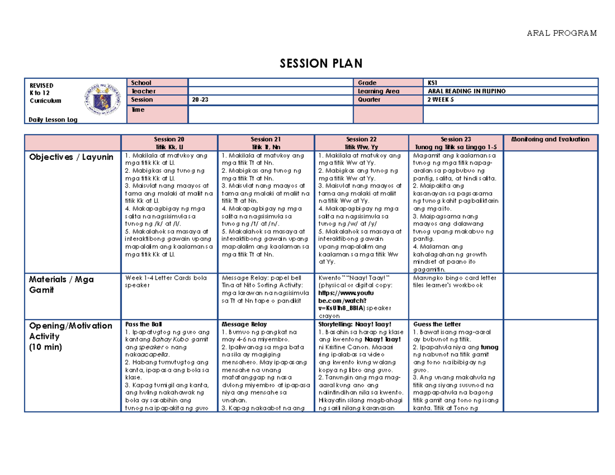 KS1 ARAL Reading Session Plan: Week 5 Activities and Objectives - Studocu