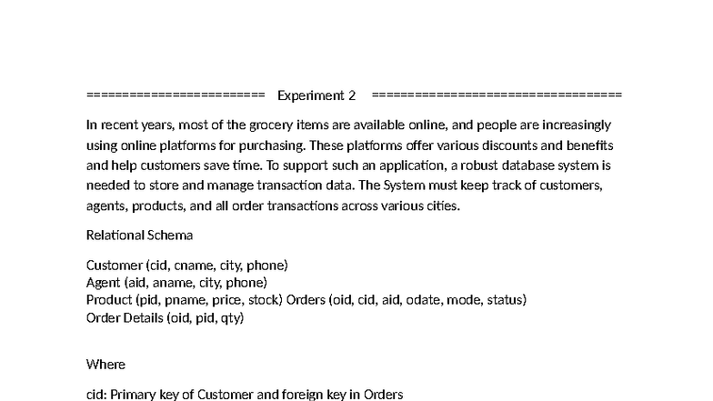 Experiment 2: SQL Queries for Online Grocery Database Management - Studocu